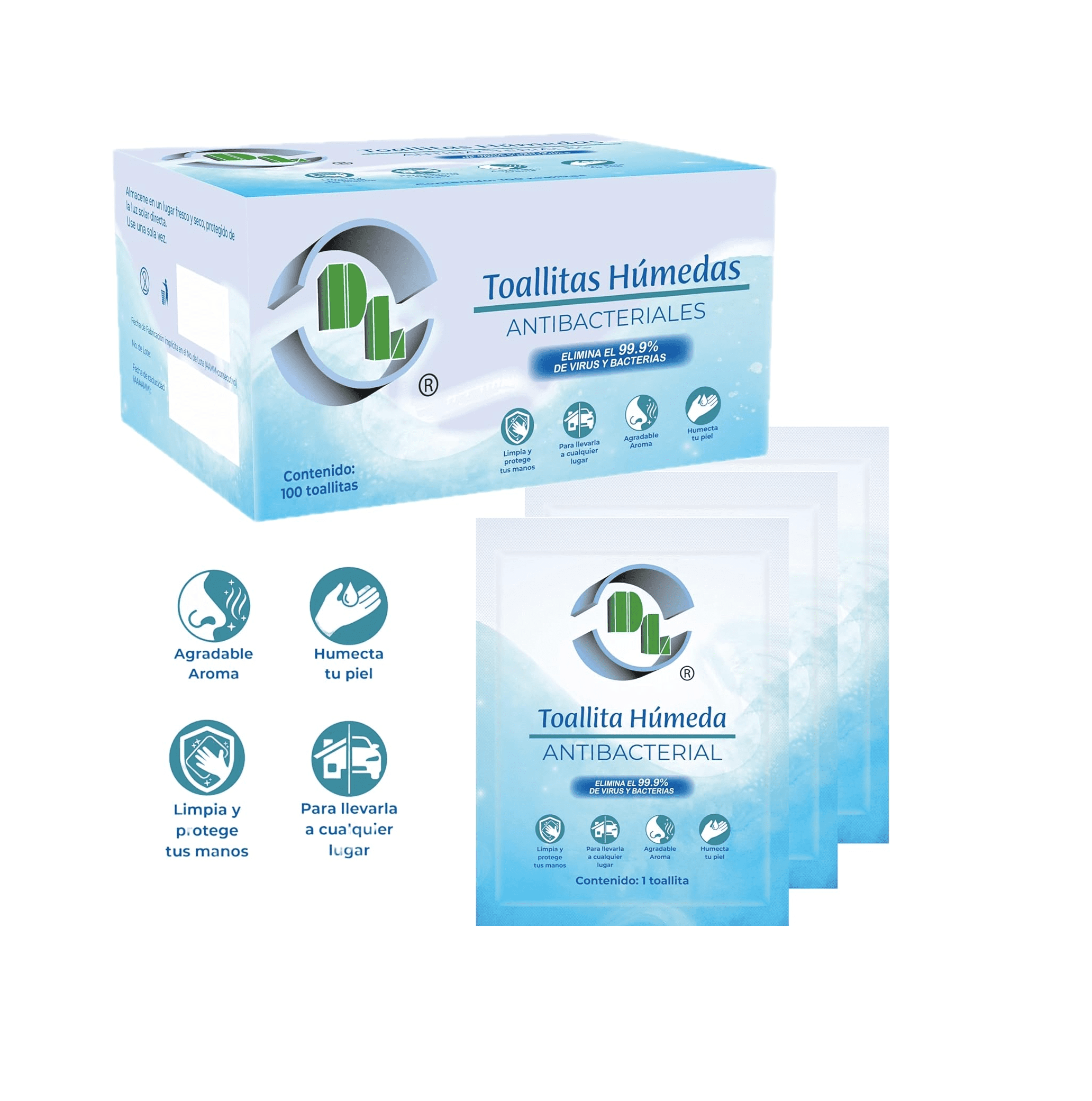 Toallitas Húmedas Antibacteriales individuales. Caja con 100 sobres. L ...